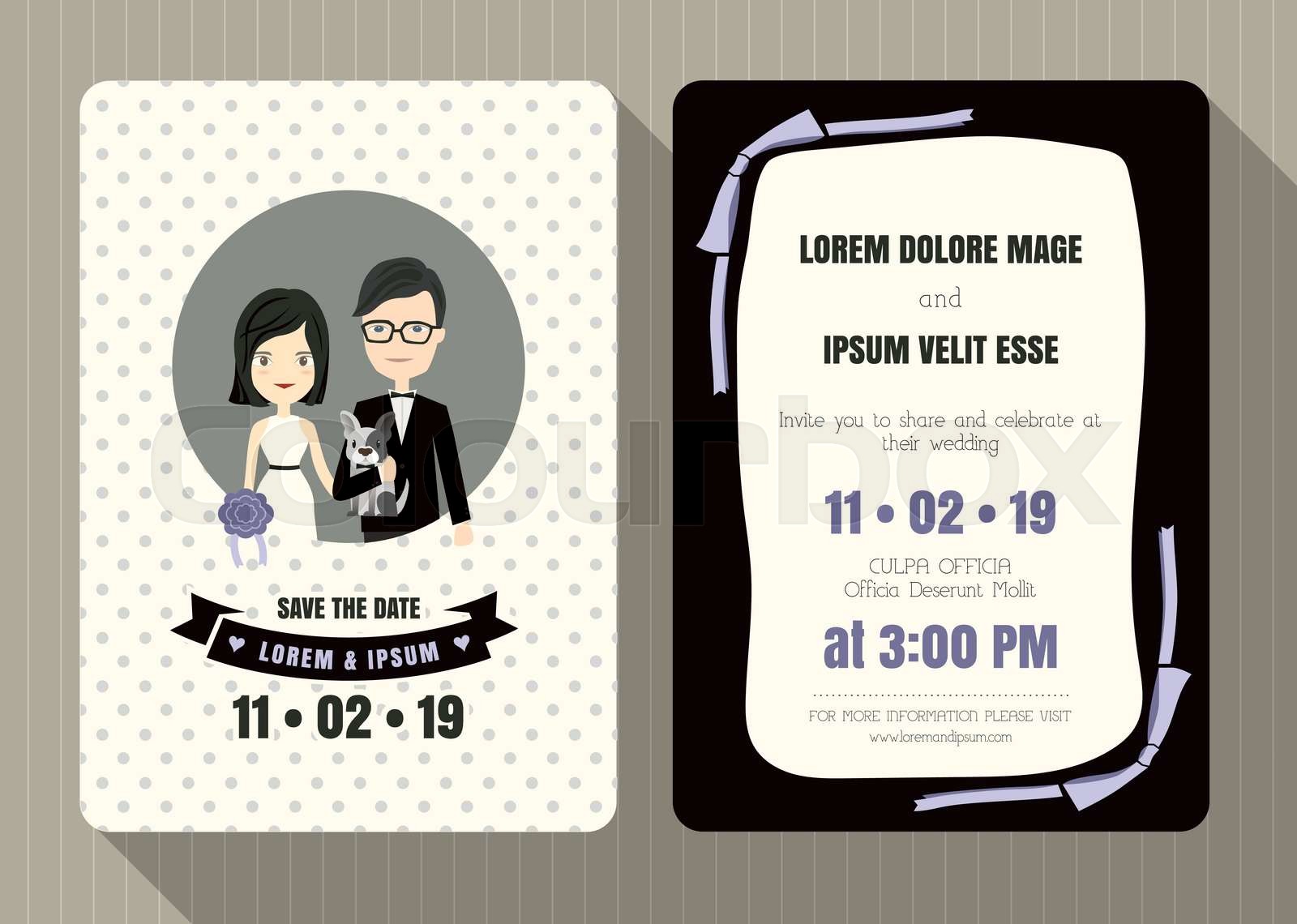 wedding invitation card with cute groom and bride cartoon | Stock ...