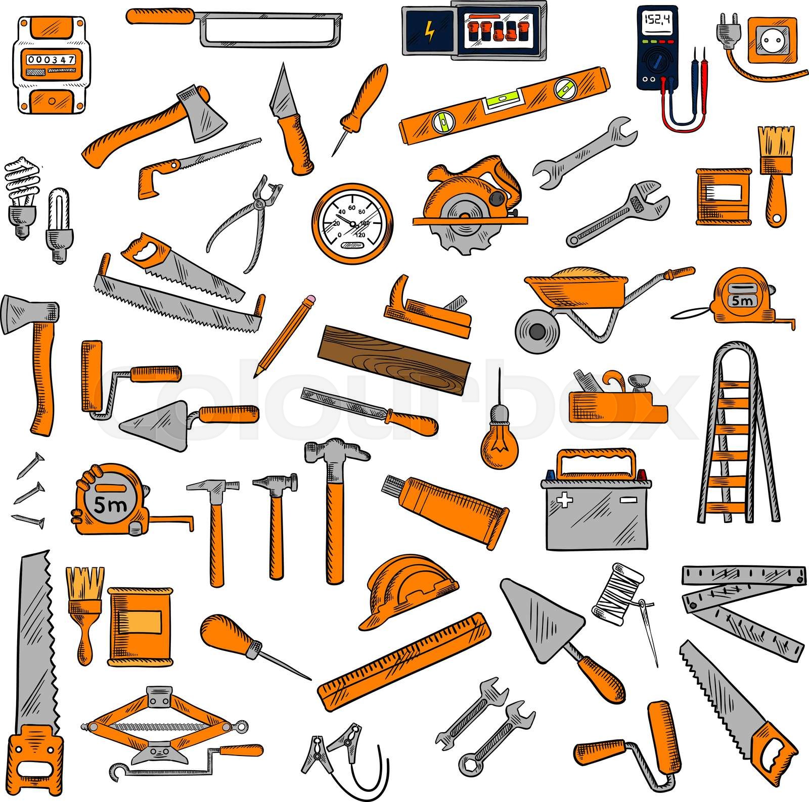 Hand tools and equipments sketch symbols | Stock vector | Colourbox