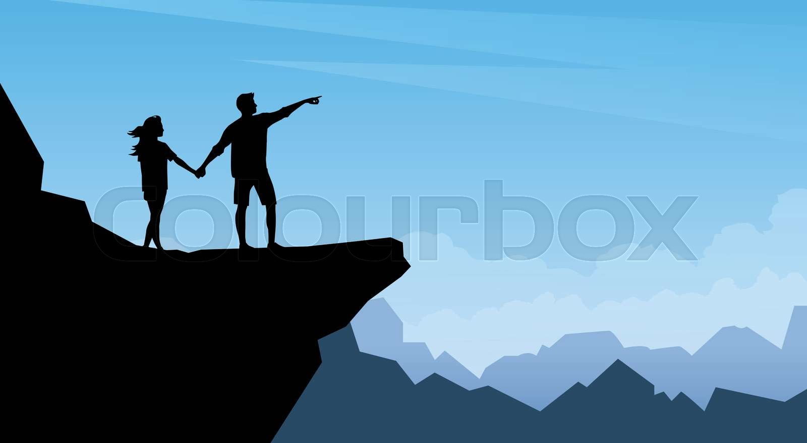 Silhouette Couple Man Woman Traveler Stand On Mountain Cliff Trackers ...