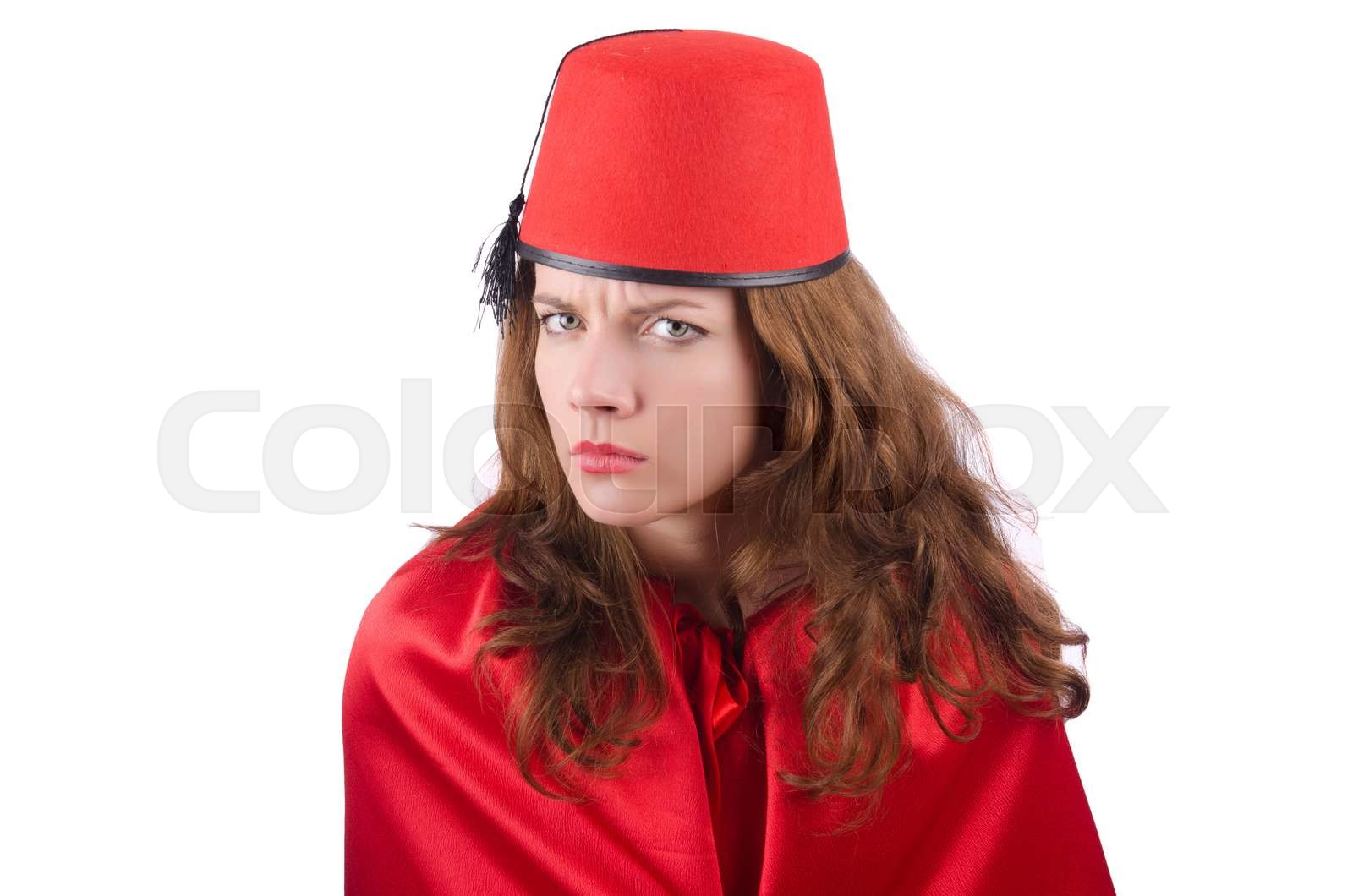 Woman wearing fez hat isolated on white | Stock image | Colourbox
