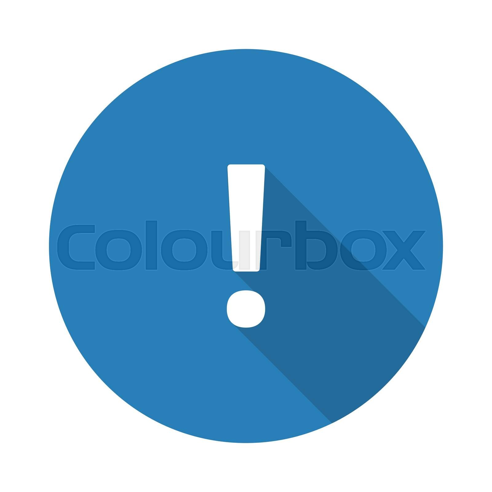 Flat white Exclamation Mark web icon with long drop shadow on blue ...