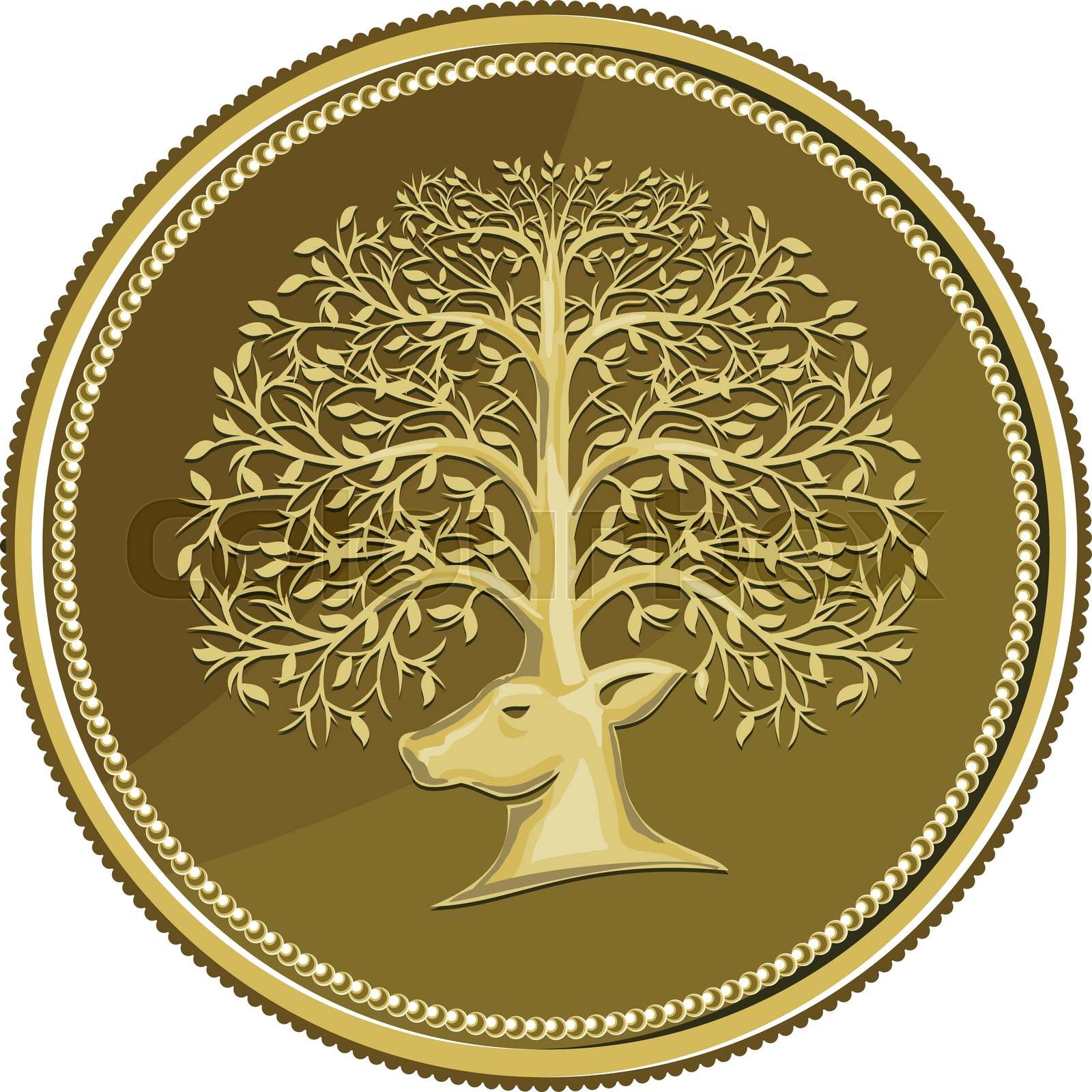 Deer Head Tree Antler Gold Coin Retro | Stock vector | Colourbox