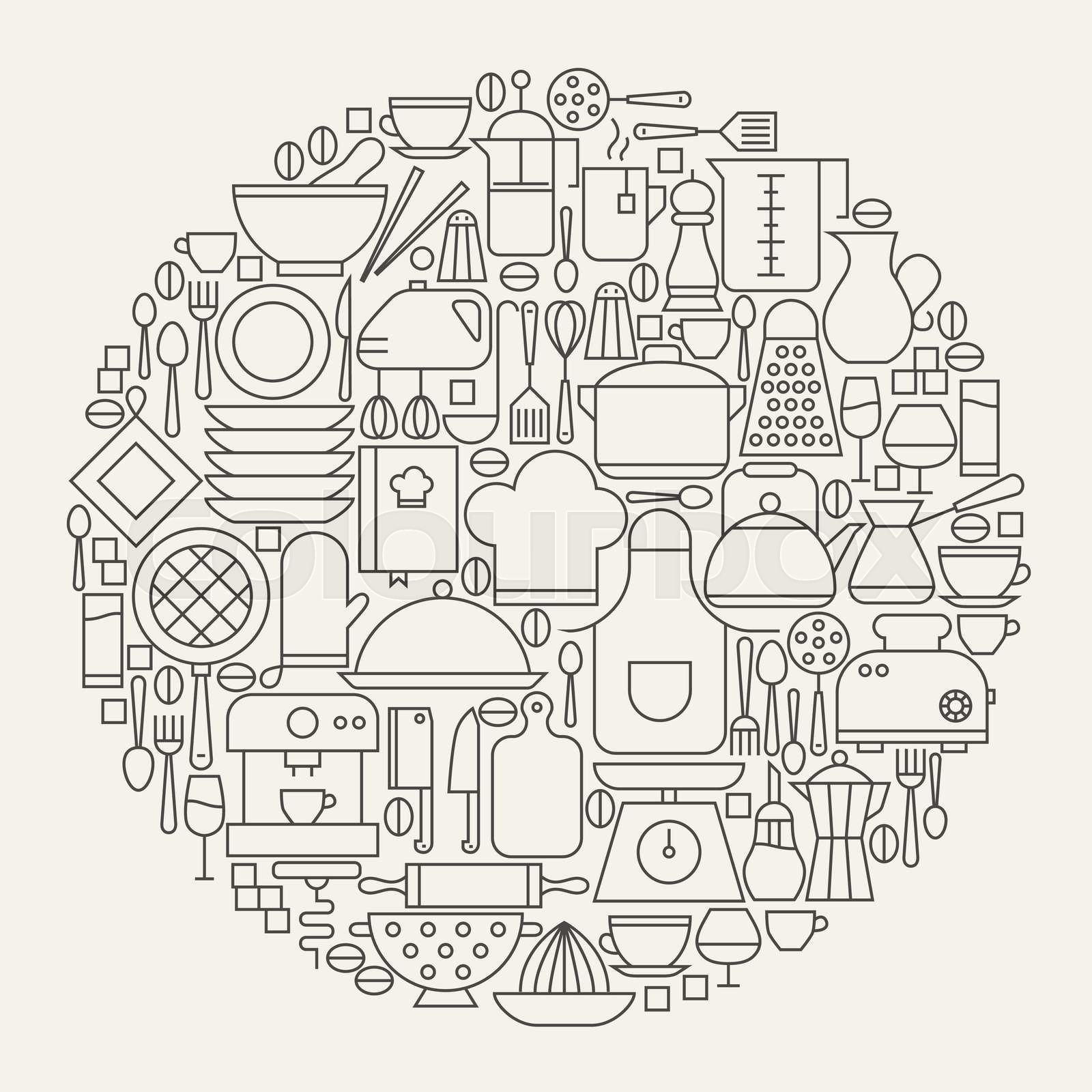 Kitchen Utensils and Cooking Line Icons Set Circle Shape | Stock vector ...