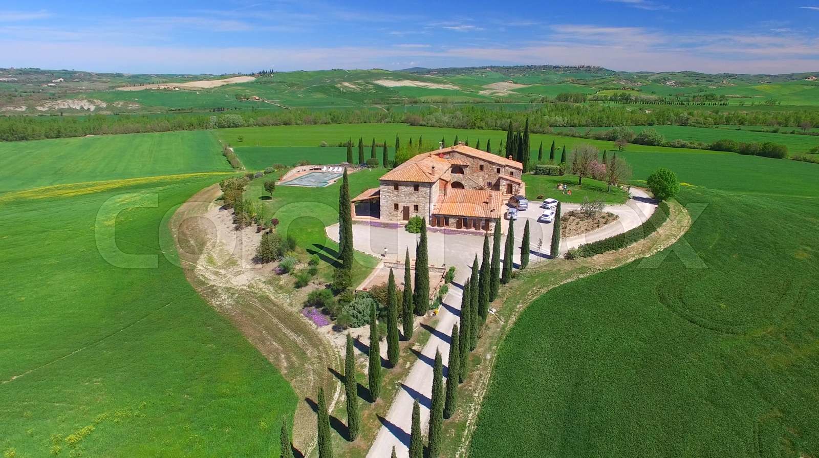 Tuscany village building, aerial view of italian hills | Stock image ...