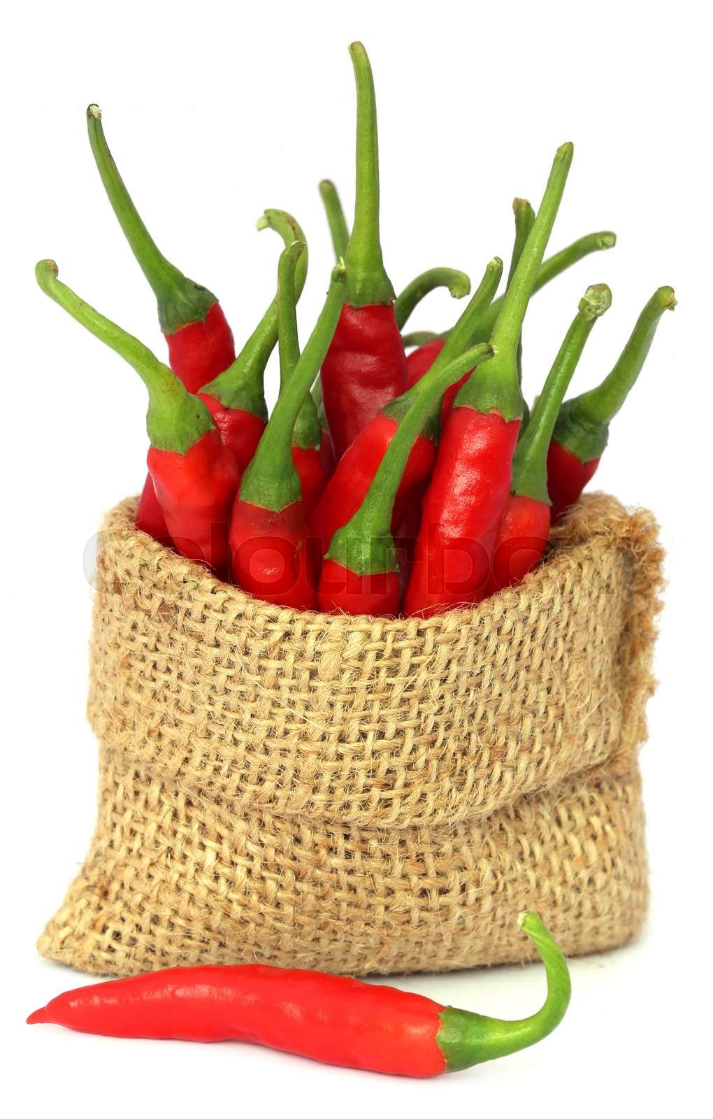 Red chili peppers in a sack bag | Stock image | Colourbox