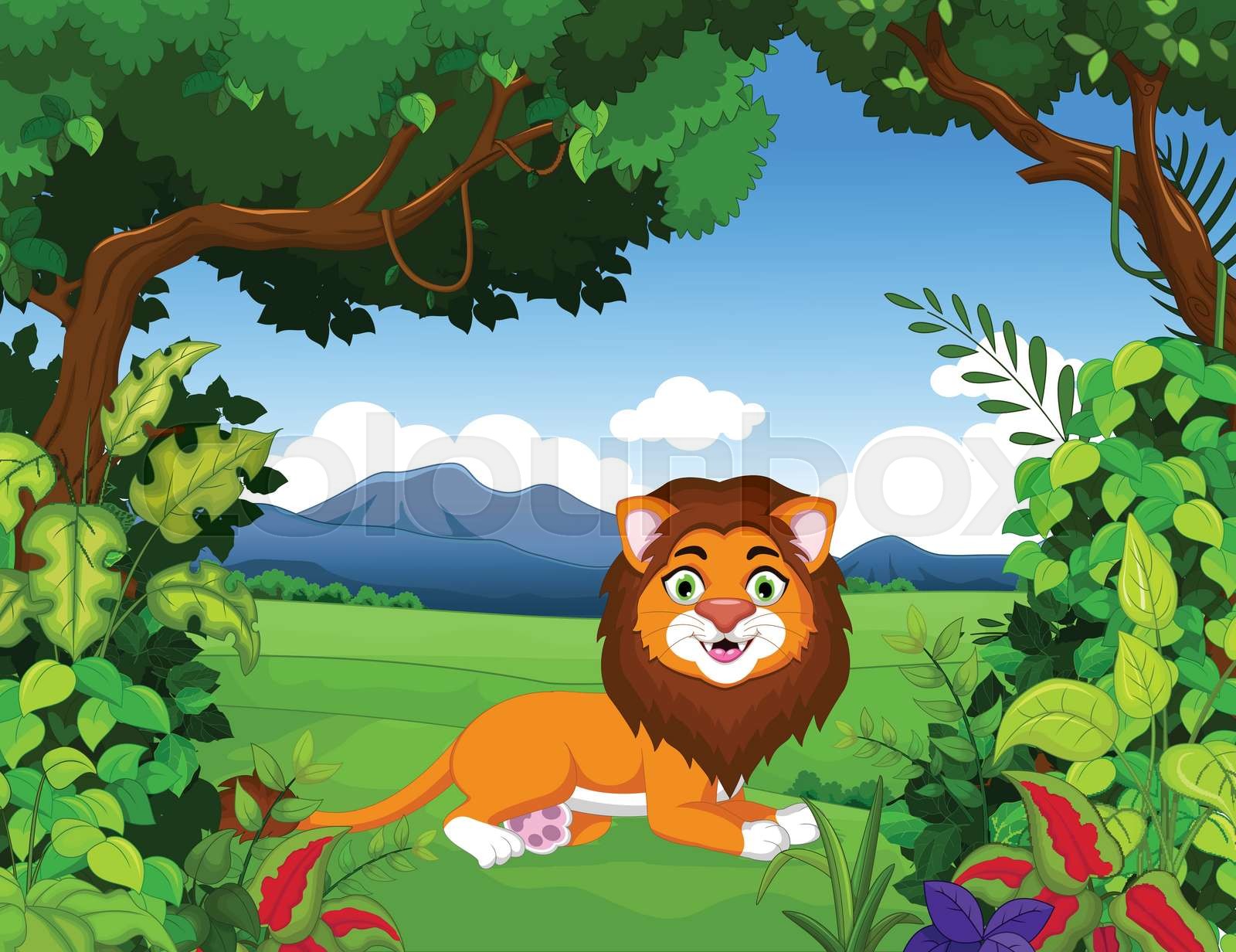 lion cartoon with landscape background | Stock vector | Colourbox
