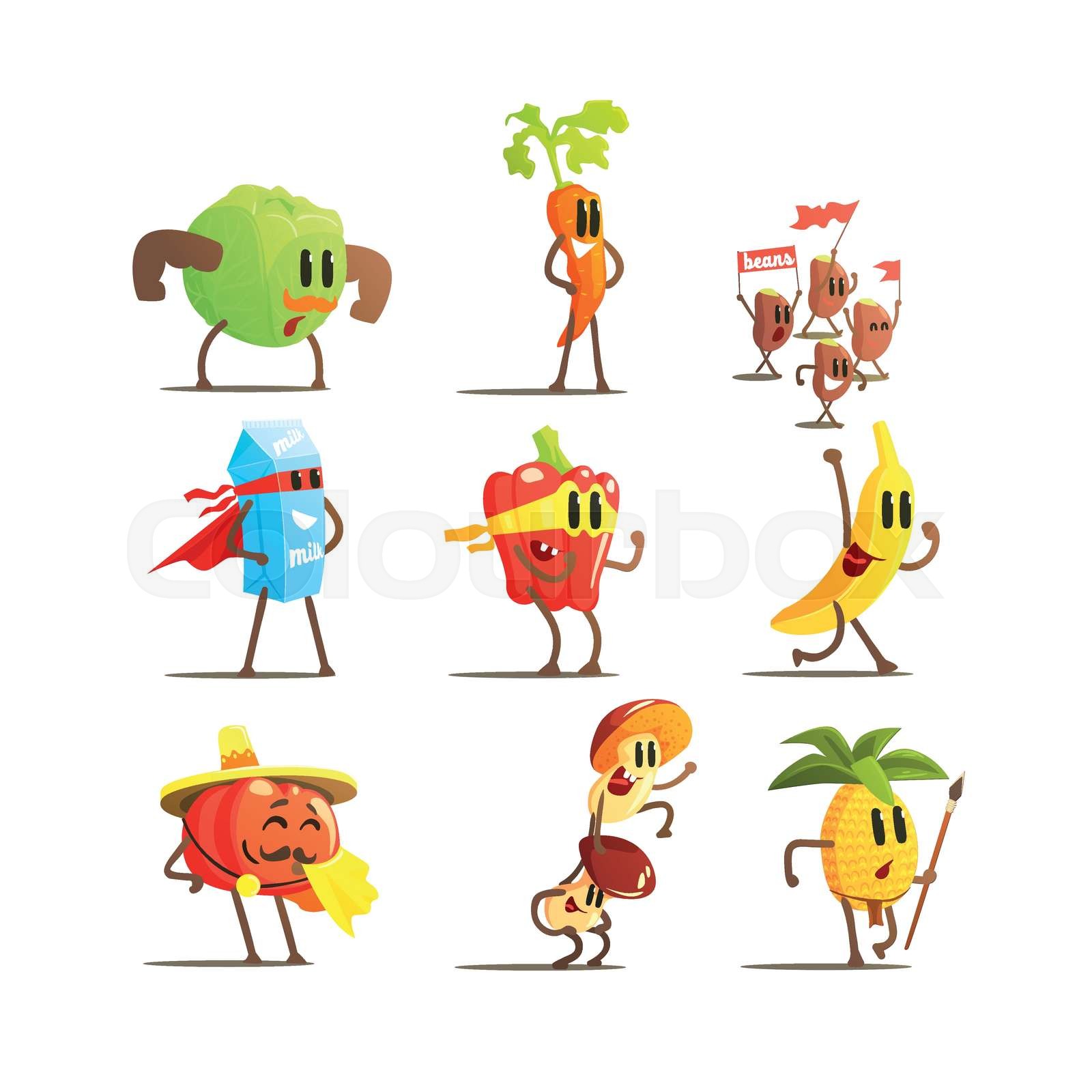 Healthy Food Cartoon Characters Set | Stock vector | Colourbox
