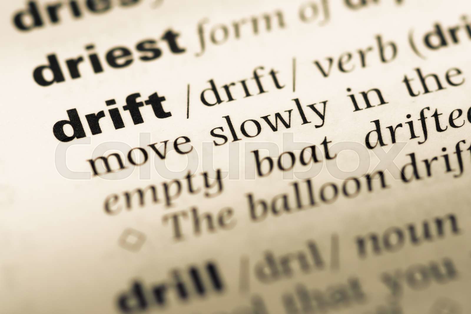 Close Up Of Old English Dictionary Page With Word Drift Stock Image close-up-of-old-english-dictionary-page-with-word-drift-stock-image