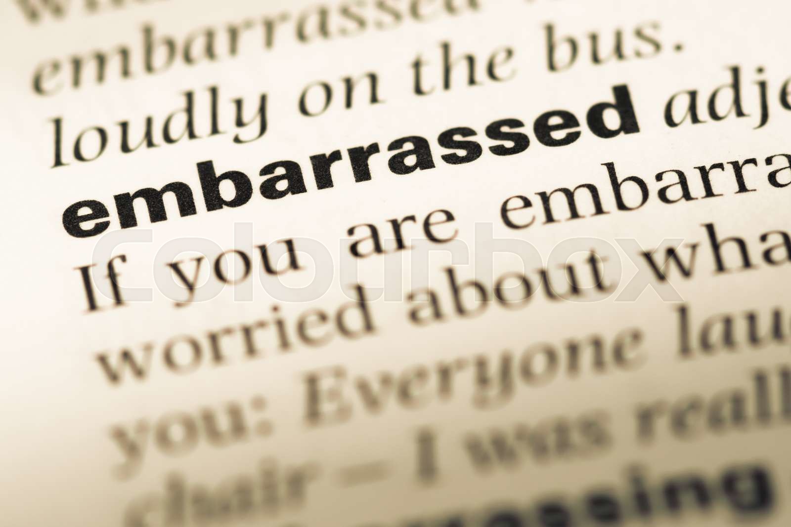 Close up of old English dictionary page with word embarrassed. | Stock ...