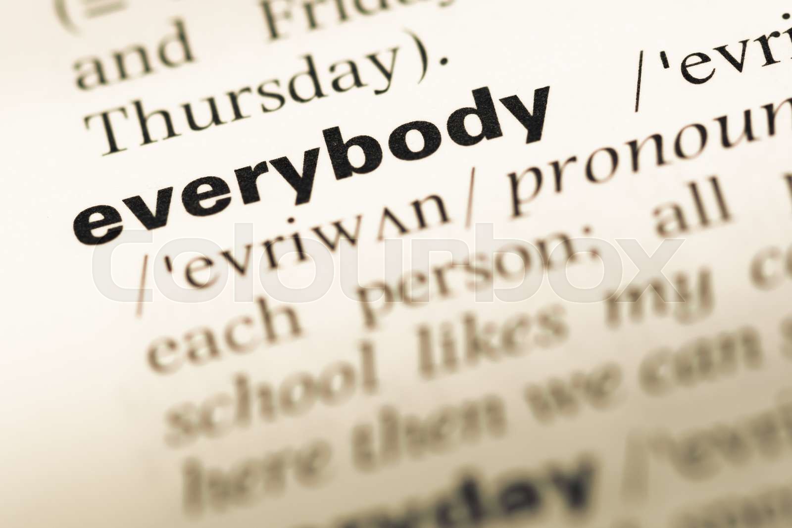 Close up of old English dictionary page with word everybody. | Stock ...