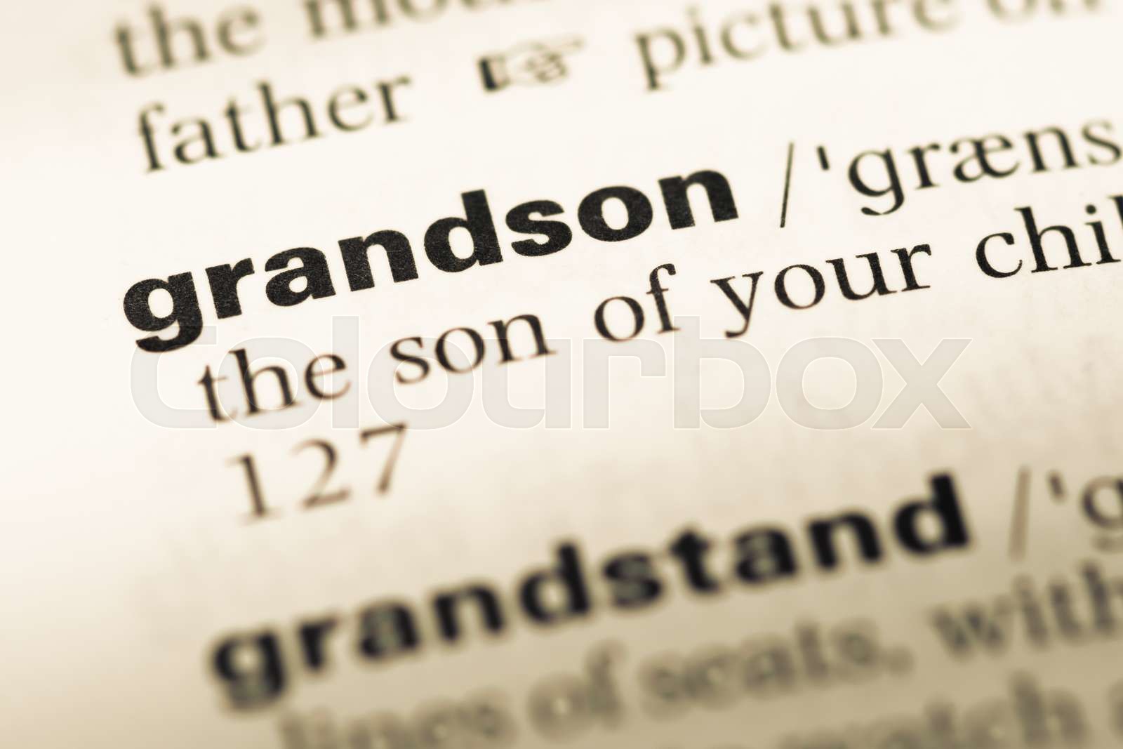 Close up of old English dictionary page with word grandson. | Stock ...