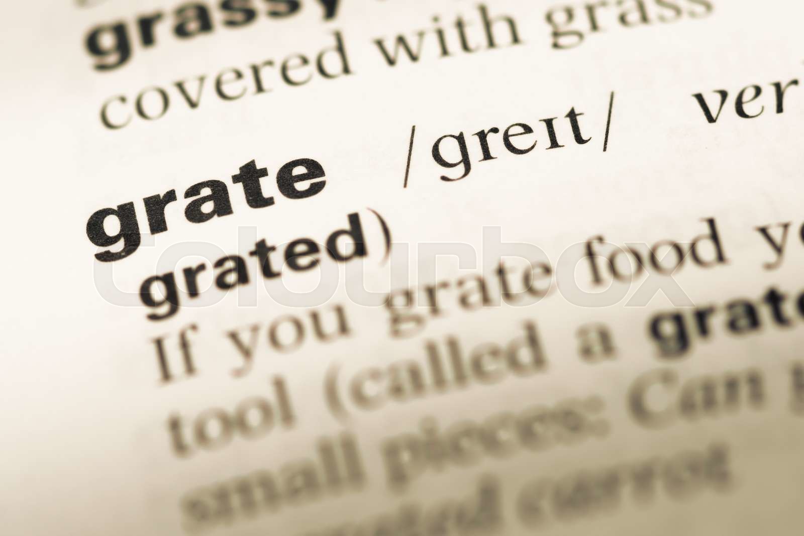 Close up of old English dictionary page with word grate. | Stock image ...