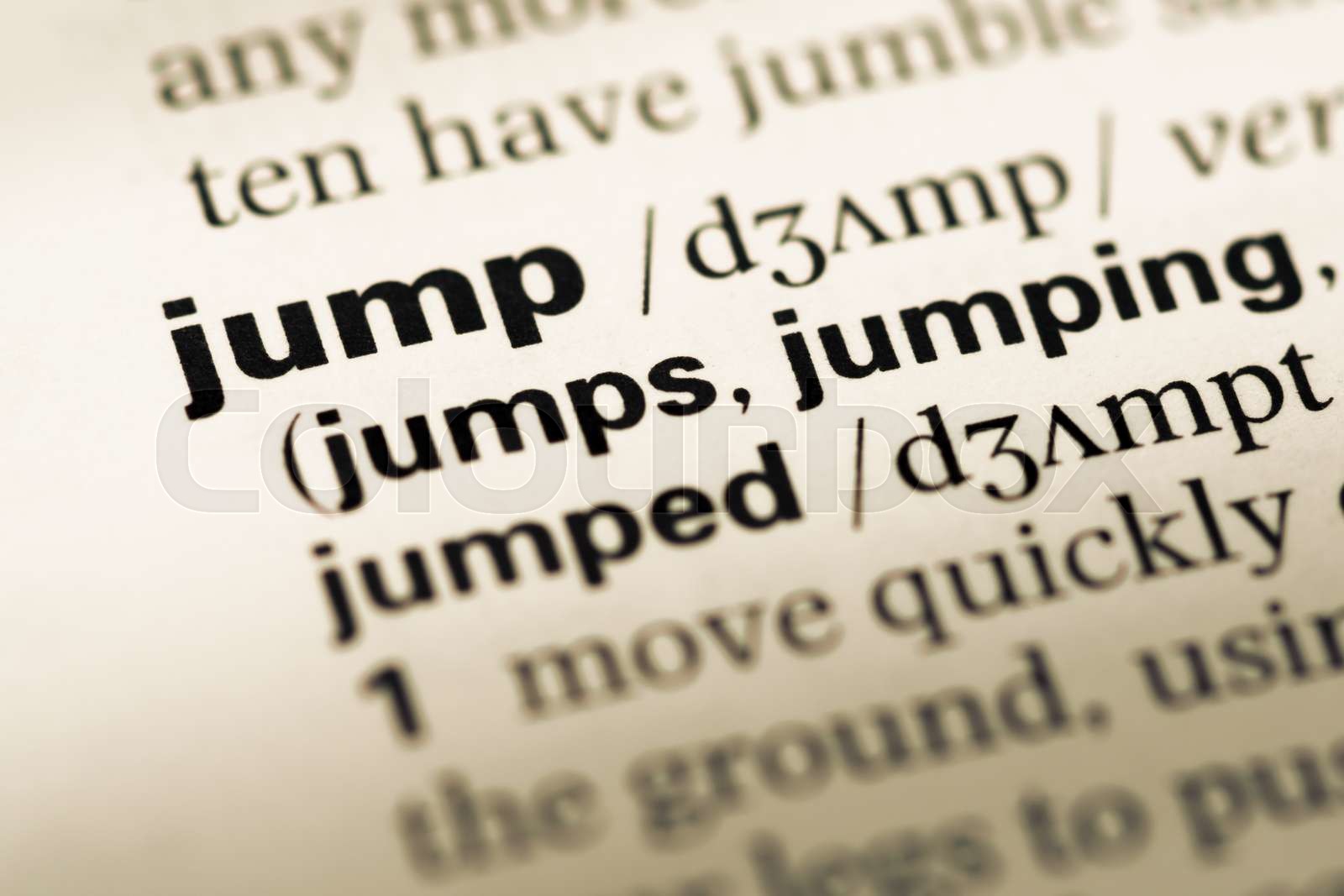 Close up of old English dictionary page with word jump. | Stock image ...