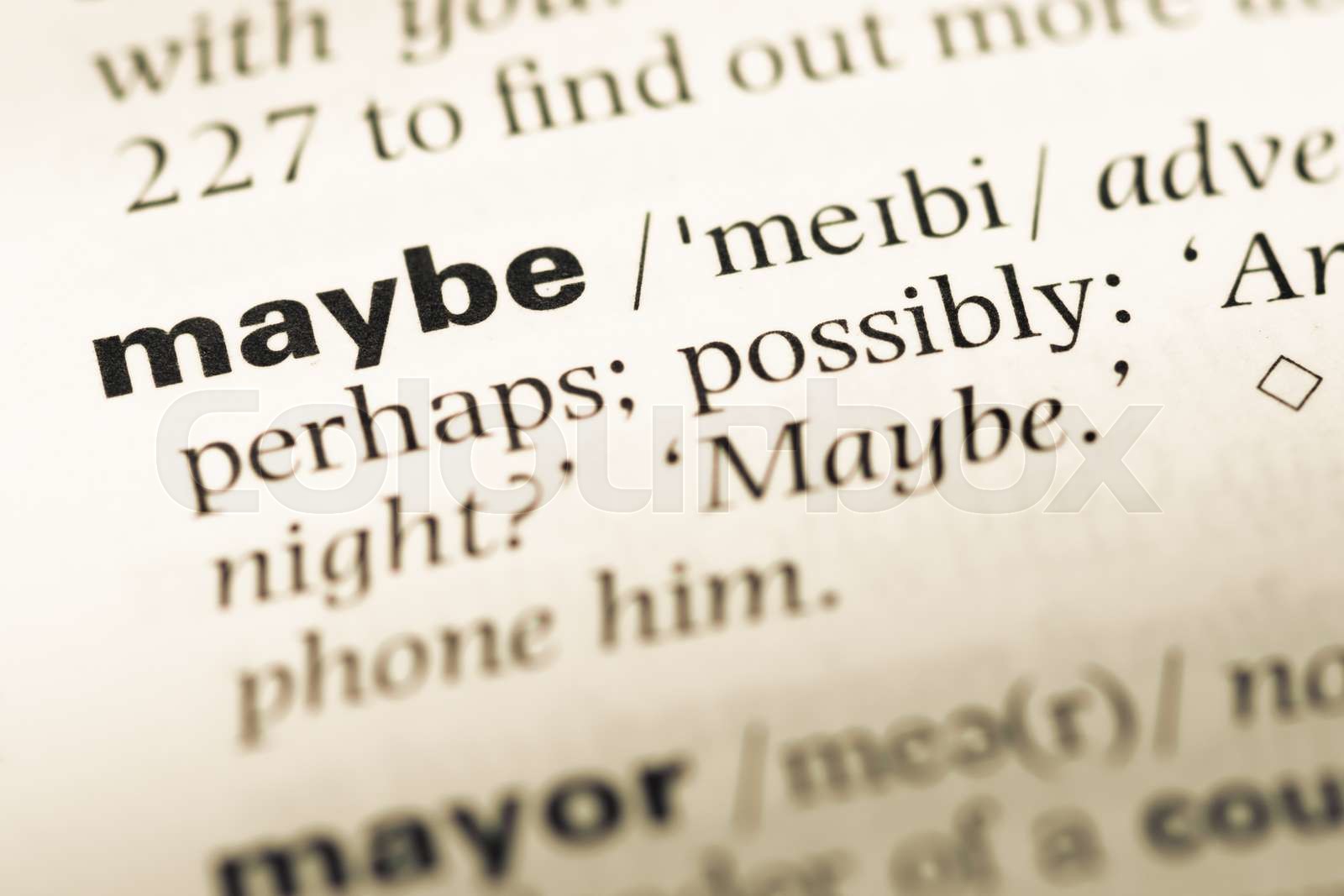 Close up of old English dictionary page with word maybe. | Stock image ...