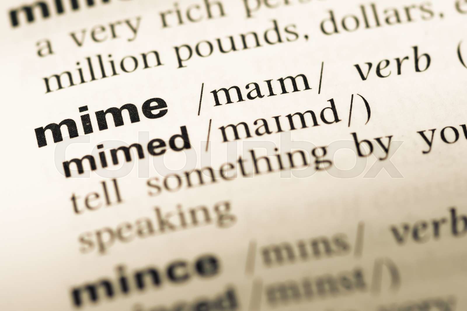 Close up of old English dictionary page with word mime. | Stock image ...