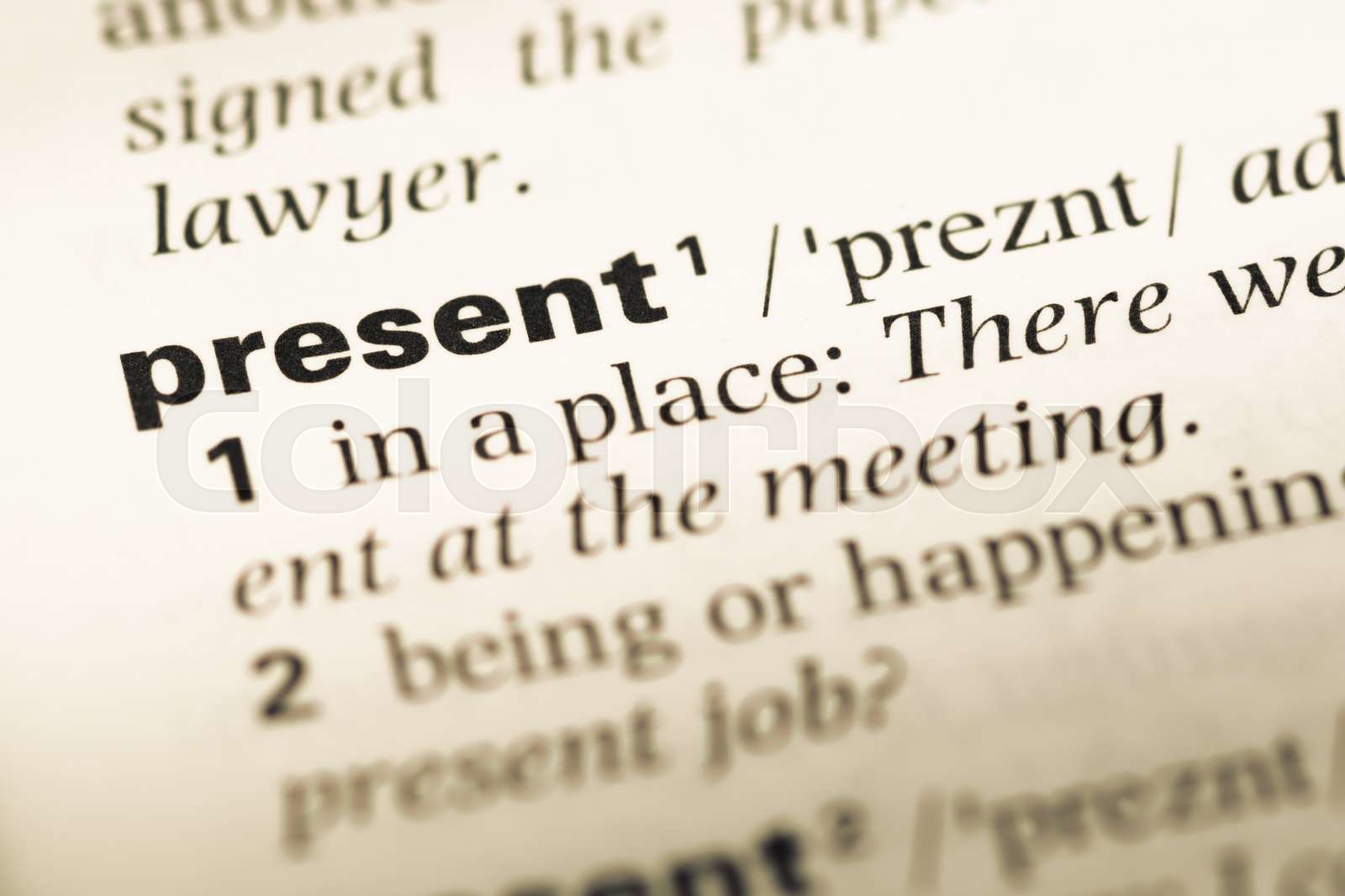 Close up of old English dictionary page with word present. | Stock ...