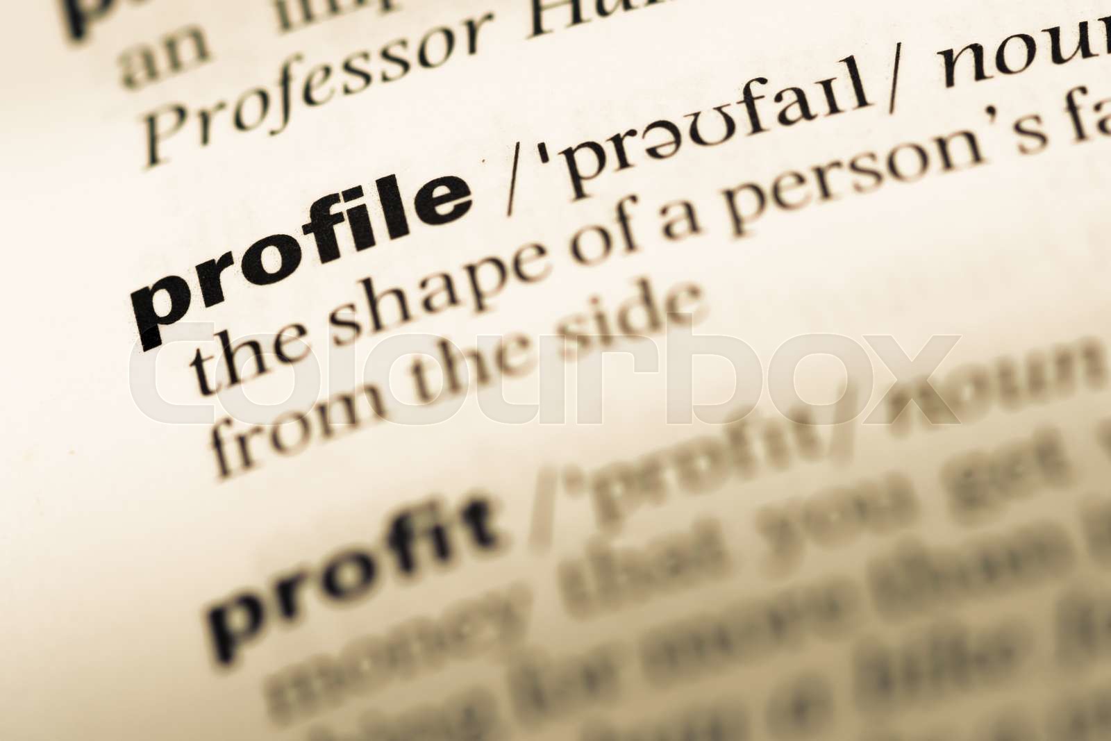 Close up of old English dictionary page with word profile. | Stock ...