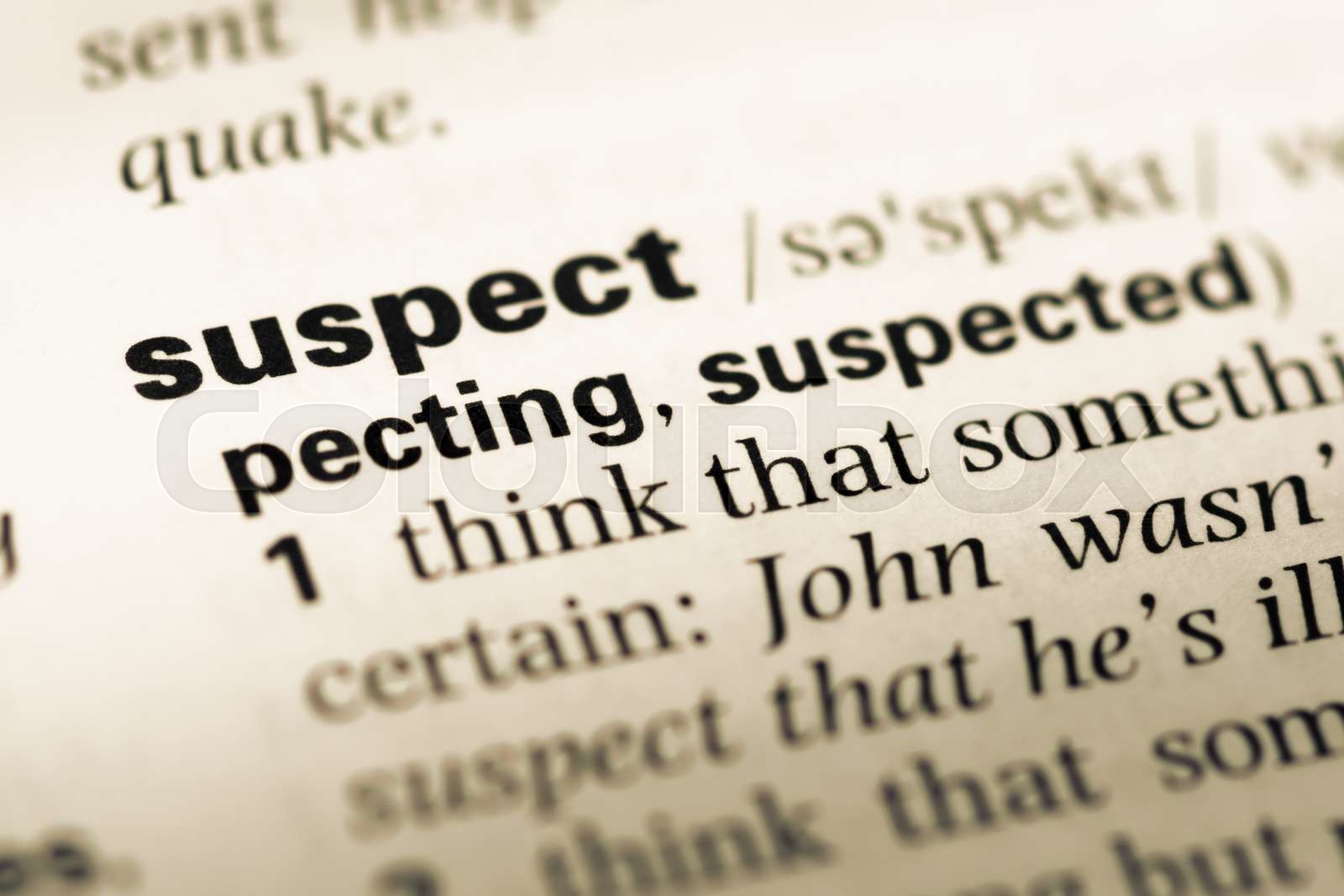 Close up of old English dictionary page with word suspect. | Stock ...