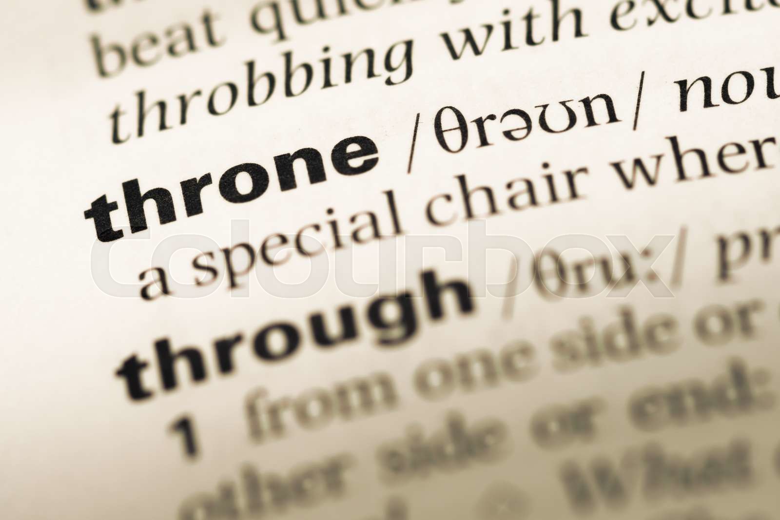 Close up of old English dictionary page with word throne. | Stock image ...
