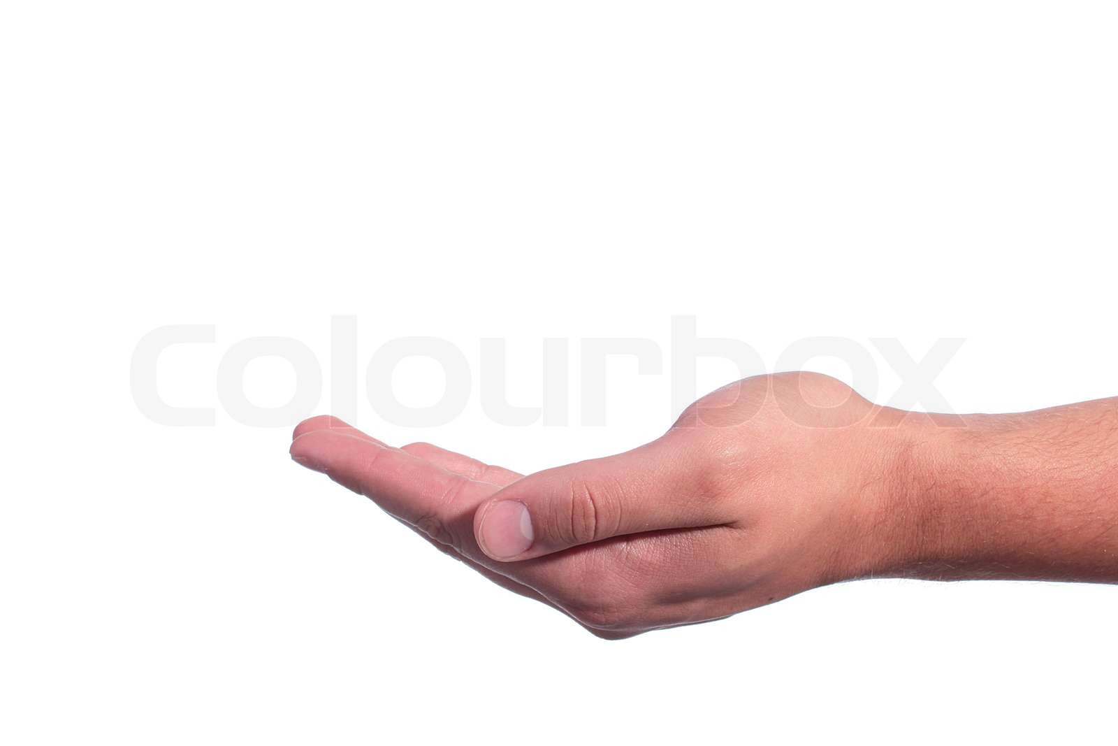 Den venstre mands hånd håndfladen op til placering i det af forskellige ...