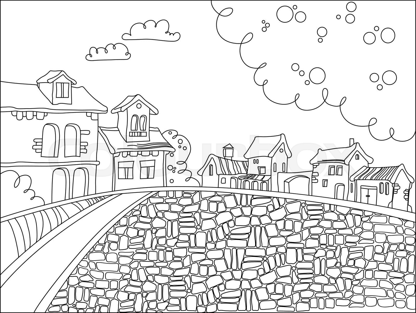 black and white town square in cartoon style | Stock vector | Colourbox