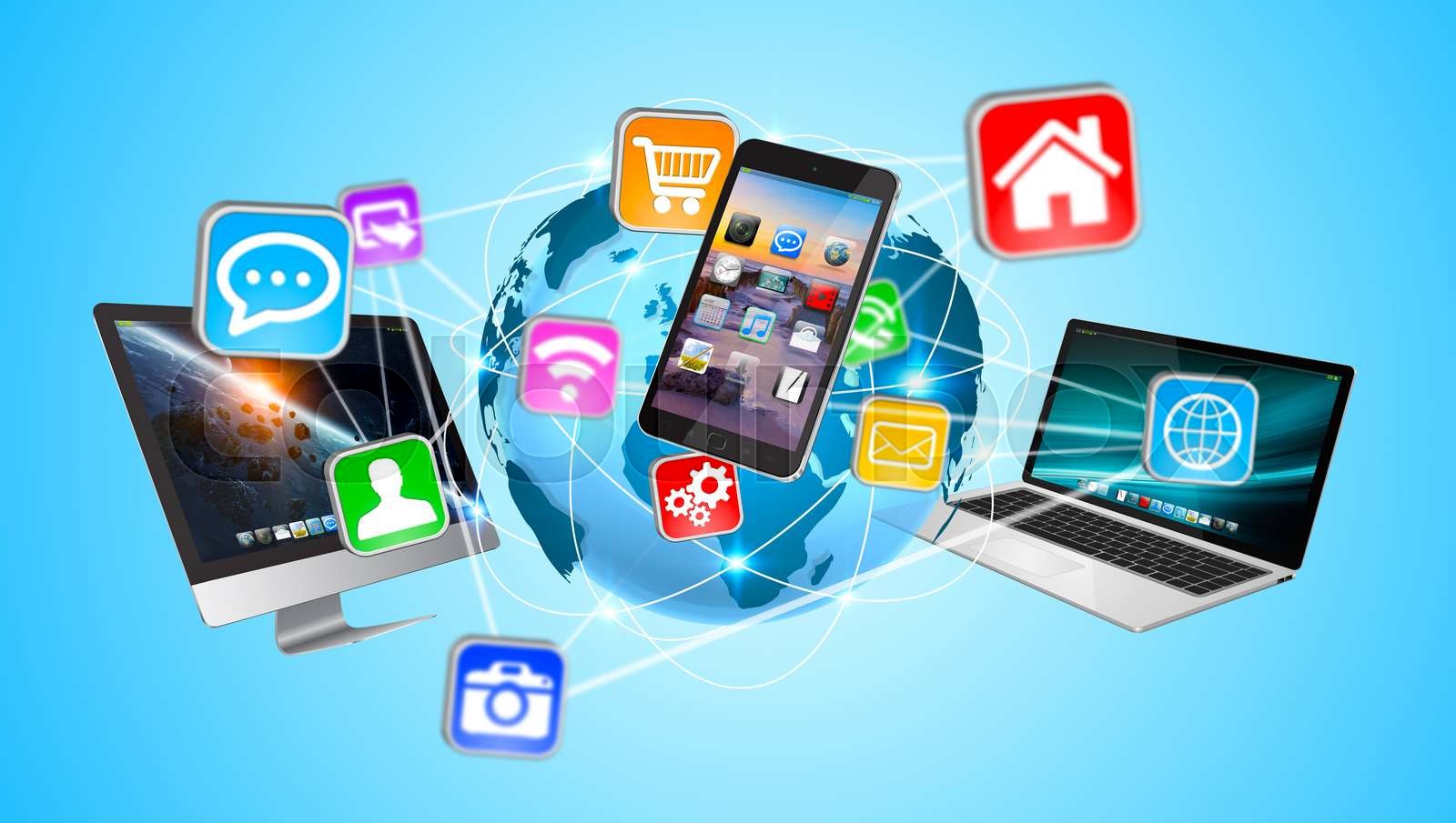 Devices and icons applications connecting to each other | Stock image ...