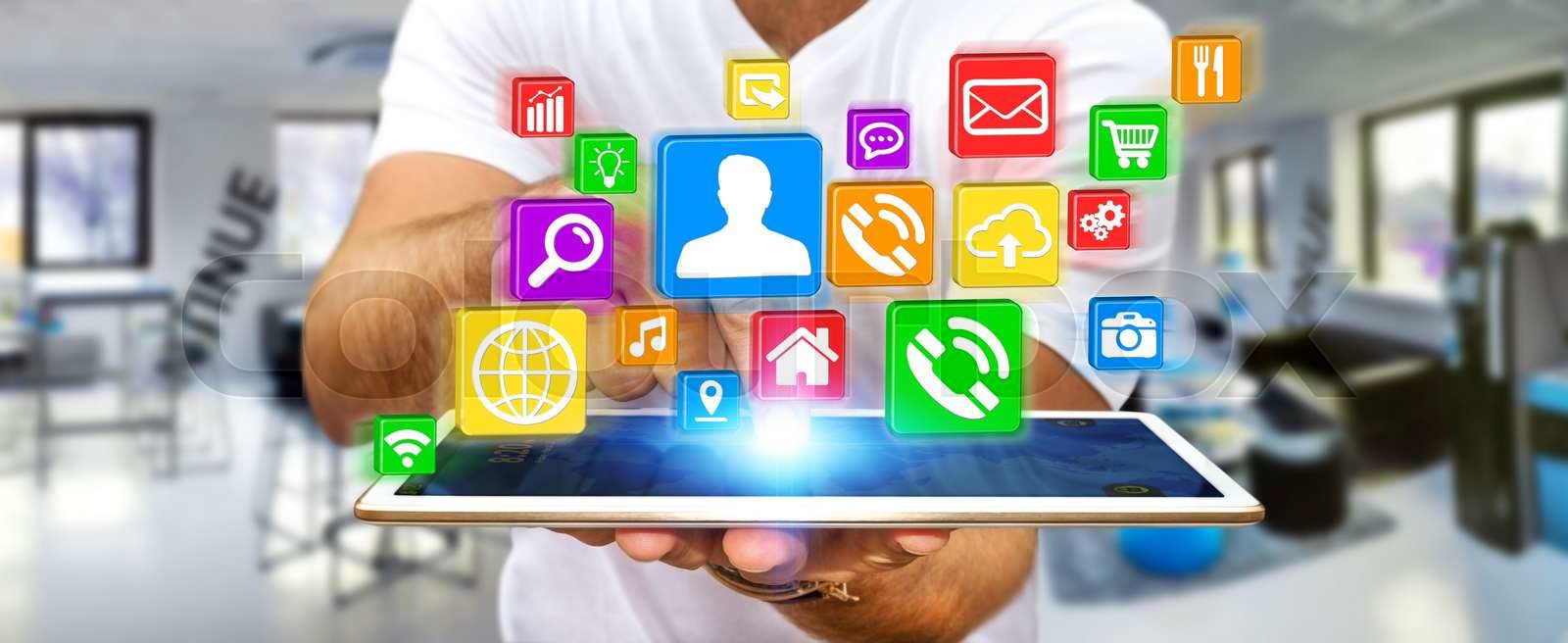 Businessman using modern digital icon application on his tablet | Stock ...