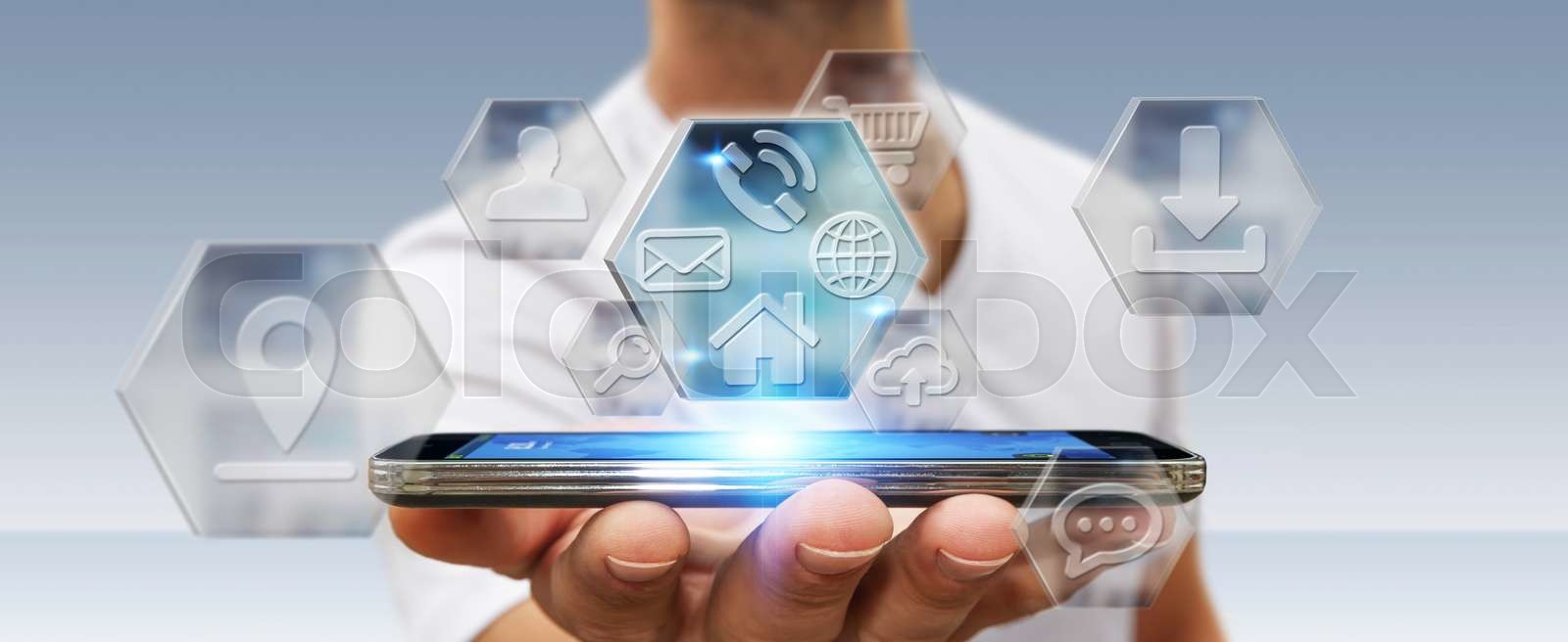 Businessman Using Modern Digital Mobile Phone Applications Stock