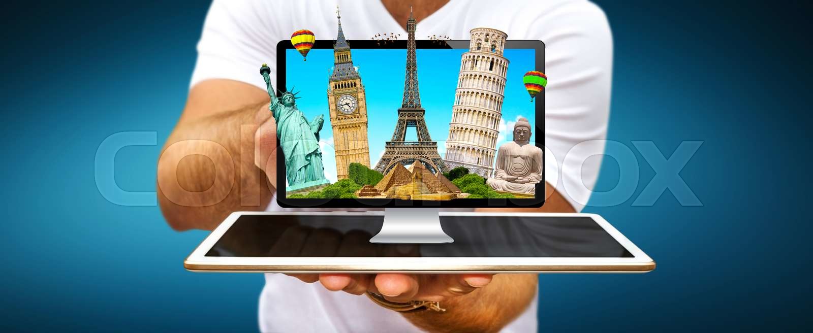 Man travelling the world with his computer | Stock image | Colourbox