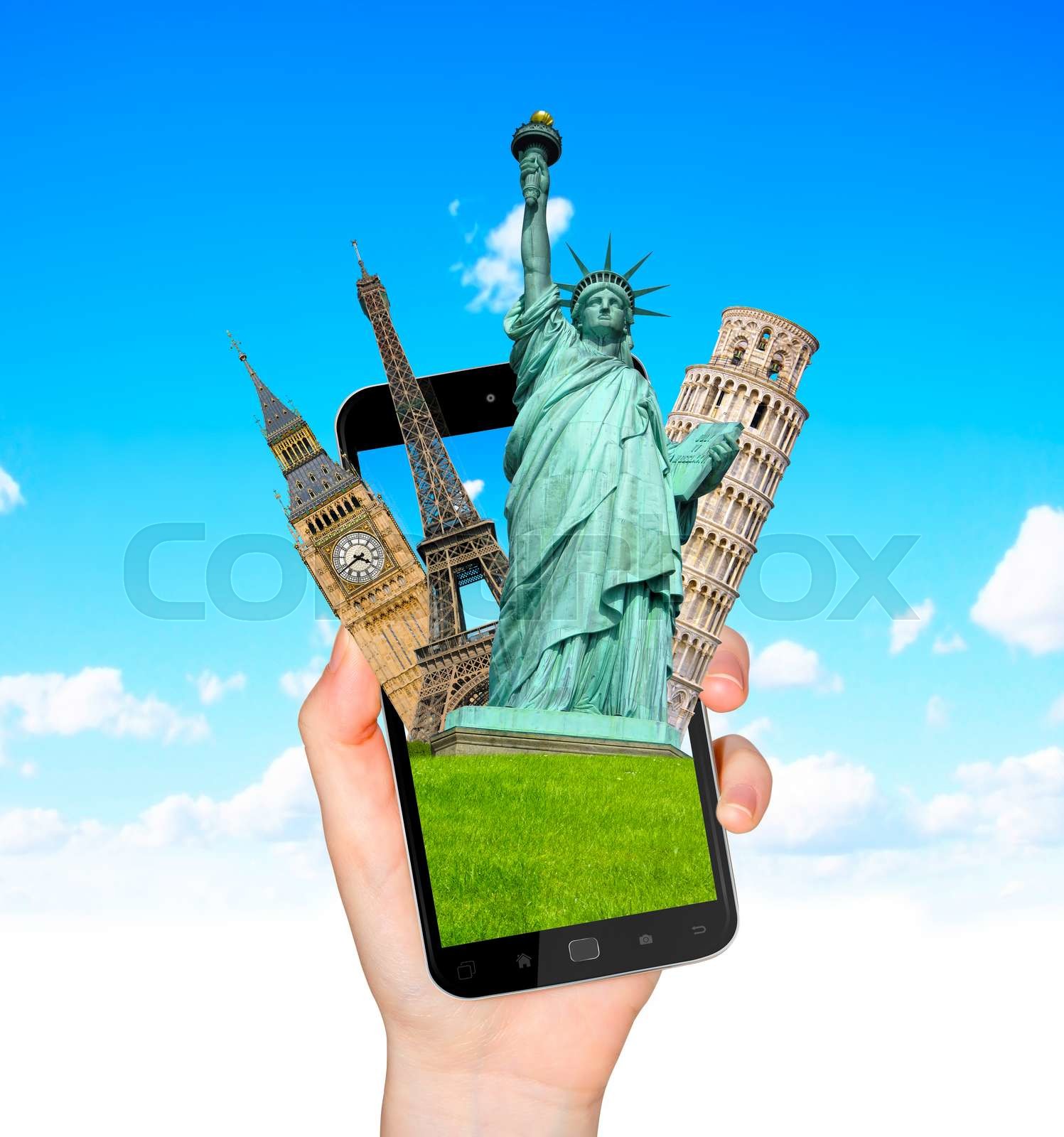 Famous monuments of the world going out of a mobile phone | Stock image ...