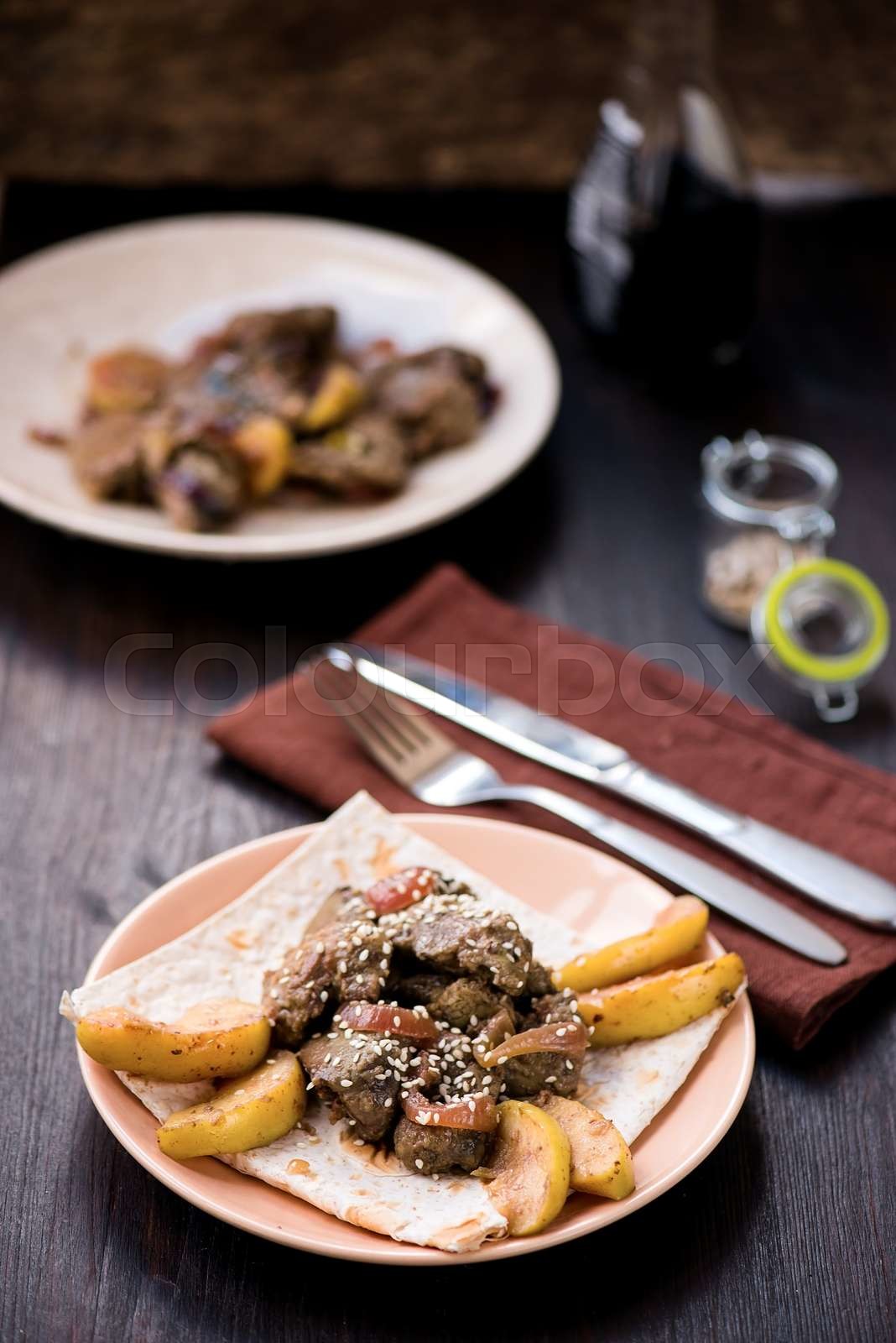 Stir-fried chicken kidney with apples | Stock image | Colourbox