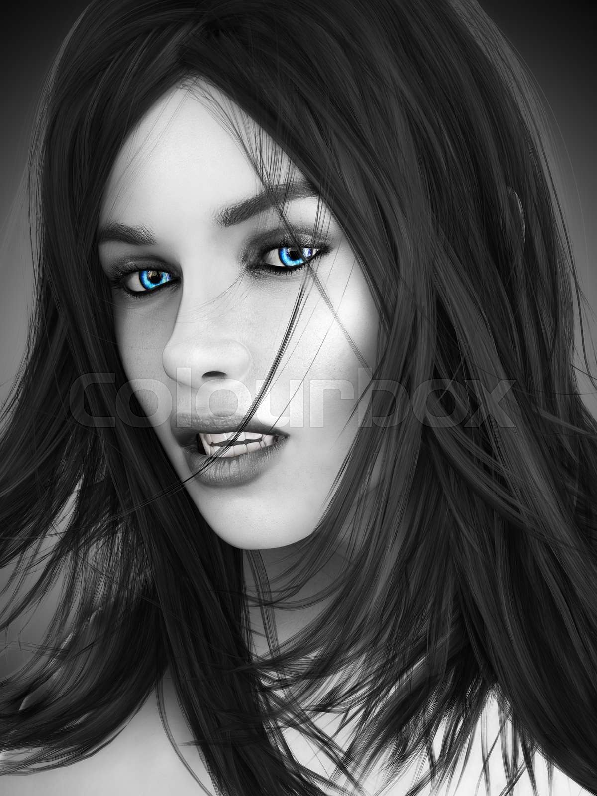 Female vampire in black and white with blue eyes and fangs. | Stock ...