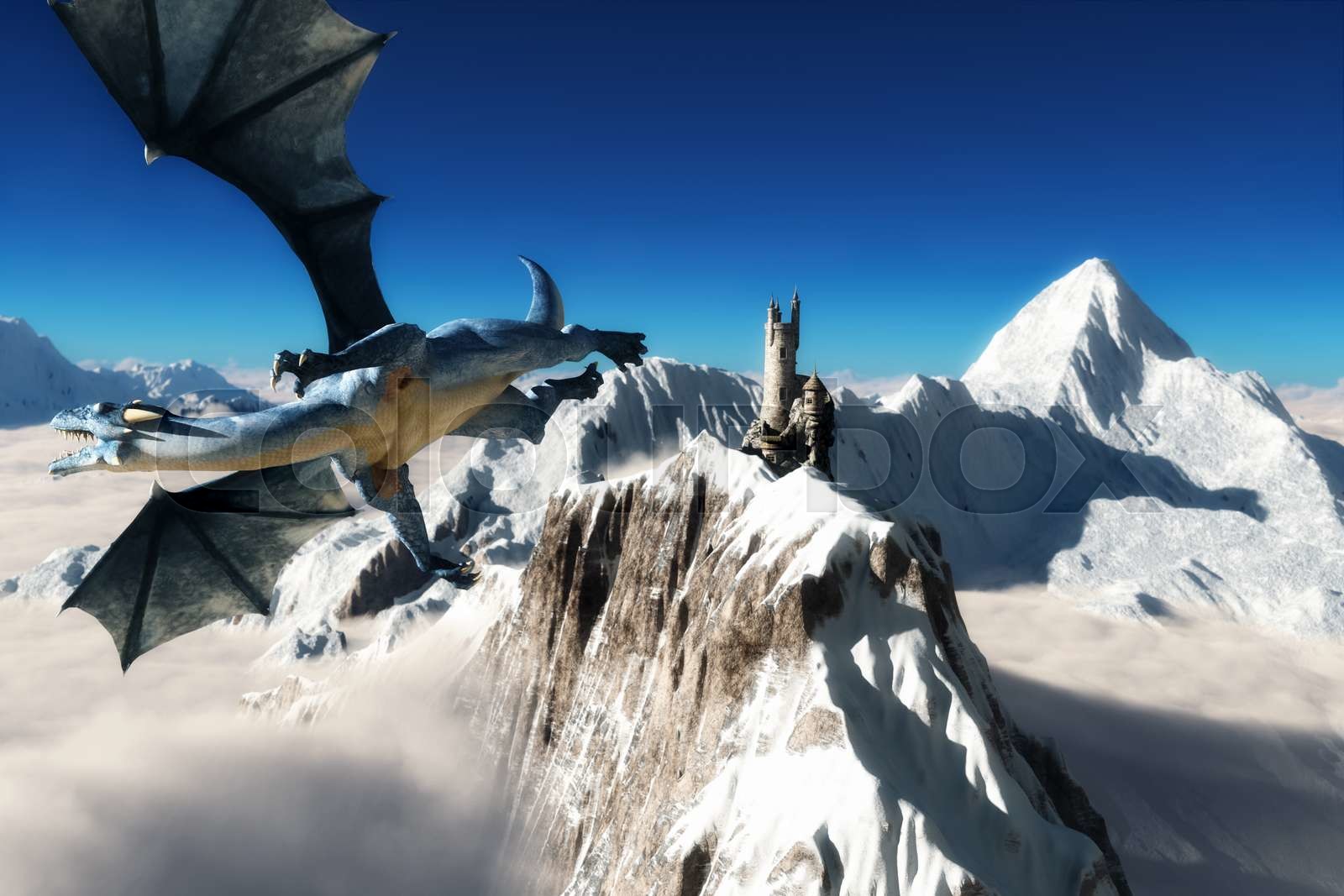 Dragons tower, Winged dragon flying over majestic mountains with a ...