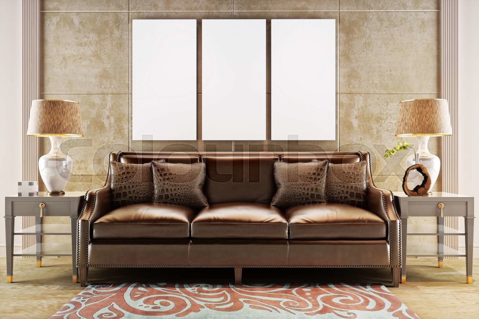 Mock up posters with leather sofa couch. Photo realistic 3d ...