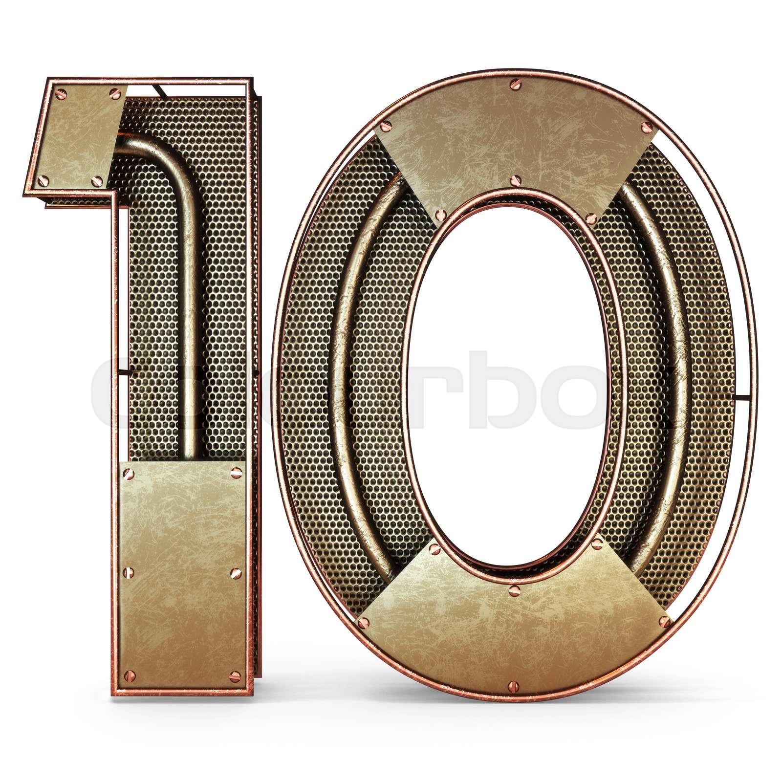 3d number ten 10 symbol with rustic gold metal, mesh, tubes with copper ...