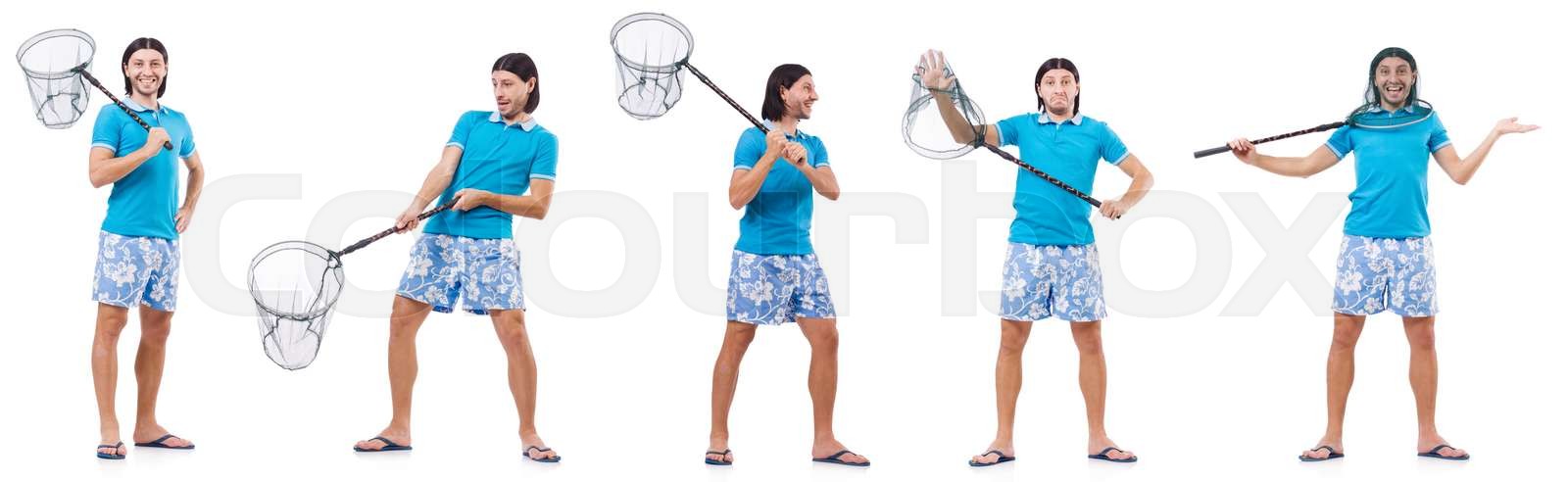 Man with big catching net isolated on white | Stock image | Colourbox