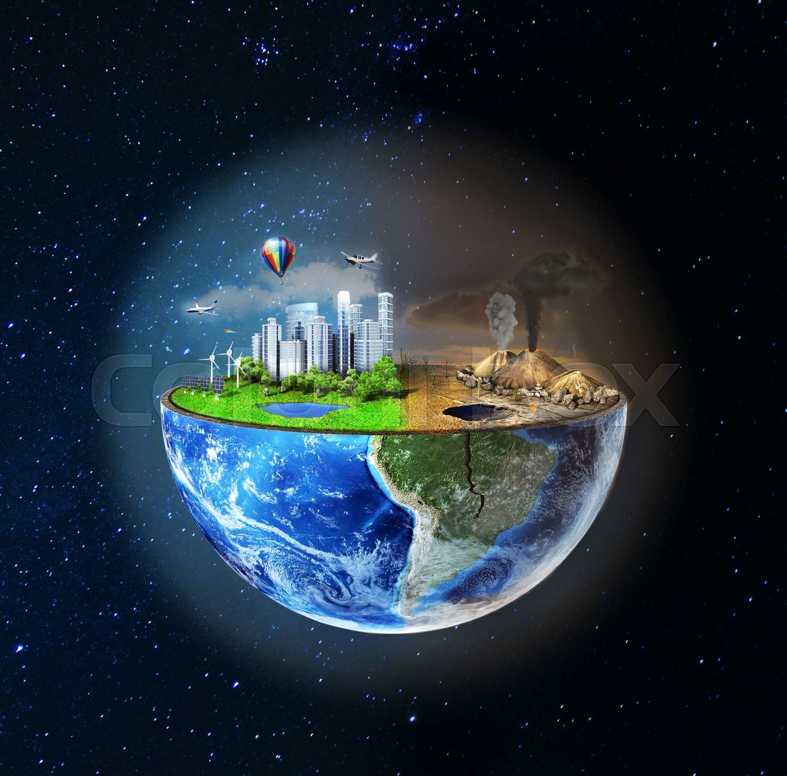 Eco concept. Half sphere of earth with light side and darker side in ...