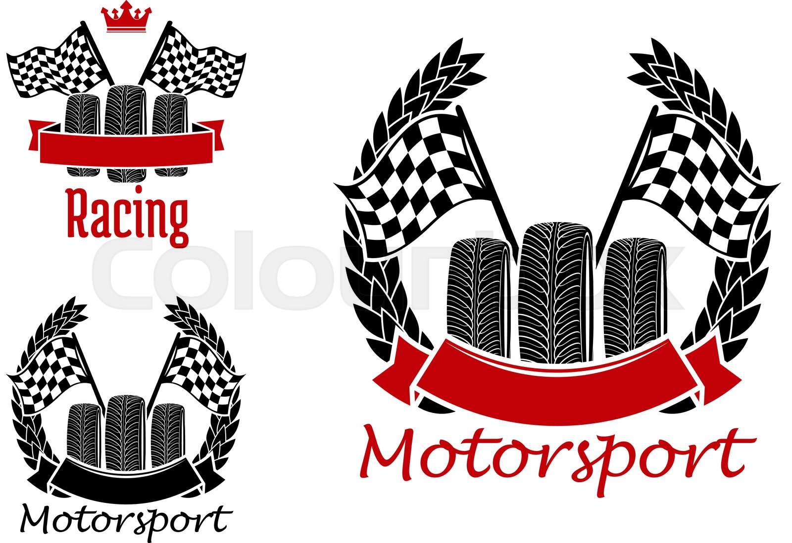 Motorsport competition icons with wheels and flags | Stock vector ...