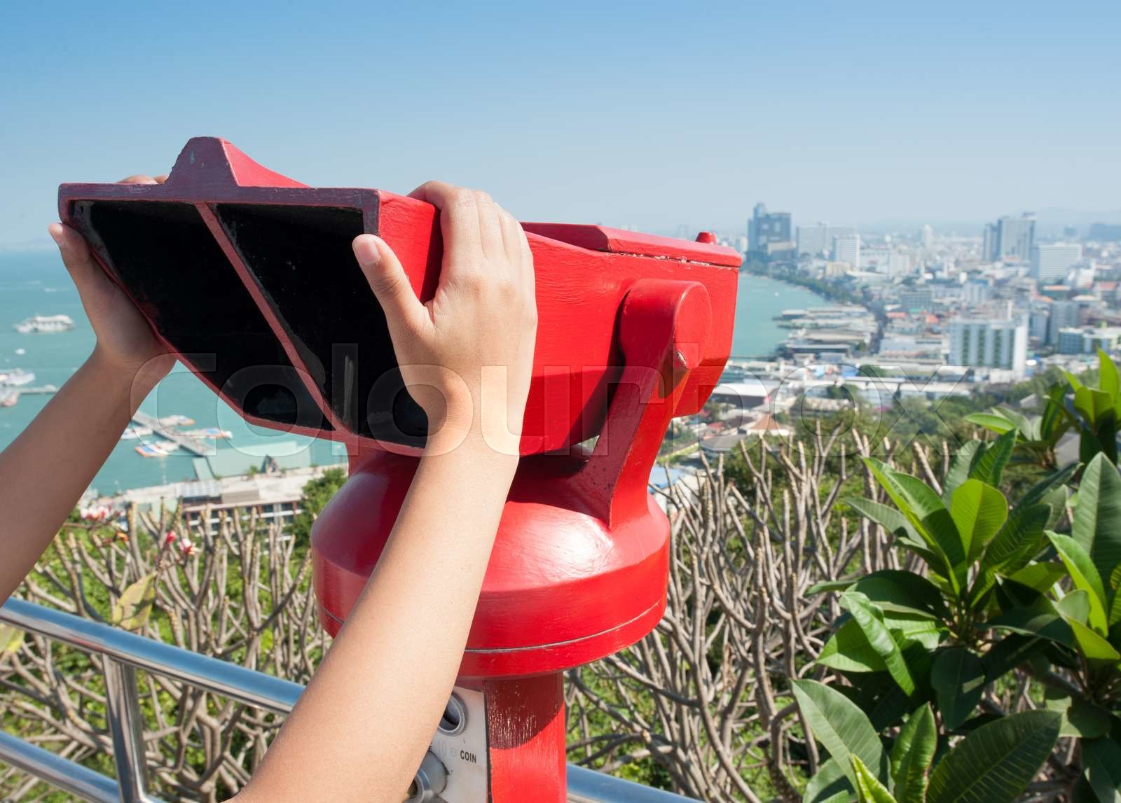 coin operated viewfinder, red tourist telescope at pattaya | Stock ...