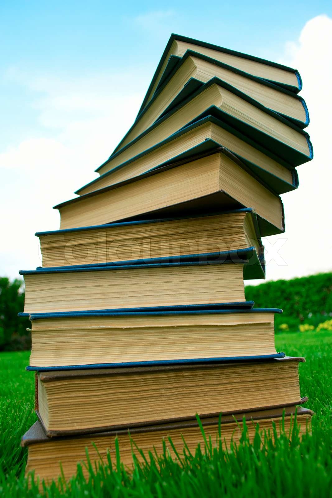 A stack of books lying on green grass | Stock image | Colourbox