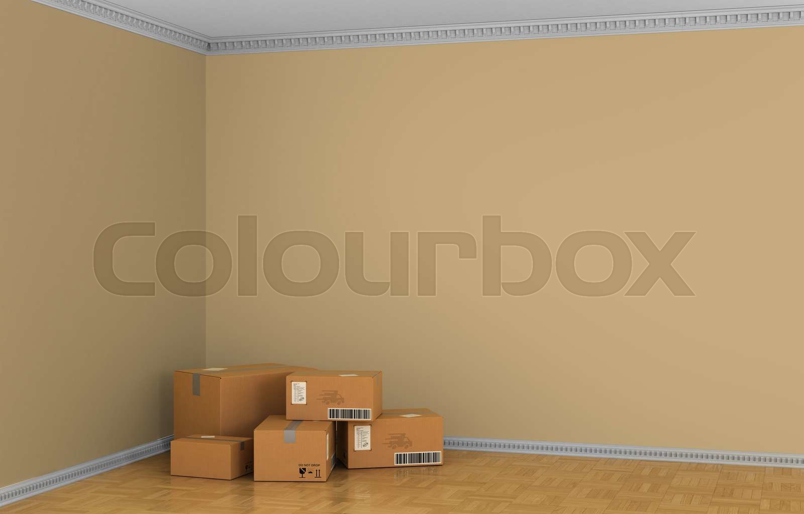 Box, Cardboard Boxes on the floor, against a white wall, Shipping. 3d ...