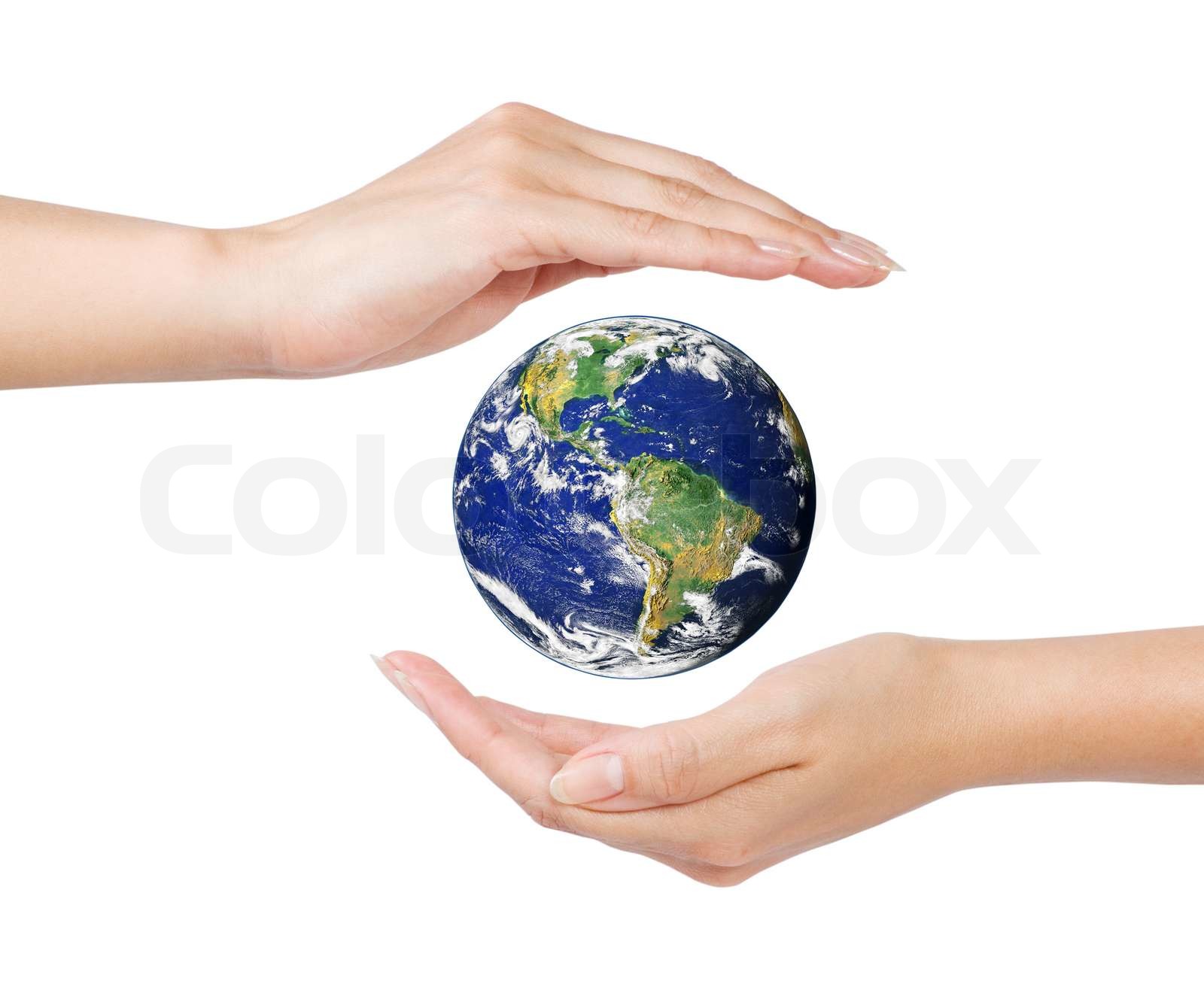 woman open hands surrounding the Earth on white (Earth image by NASA at ...