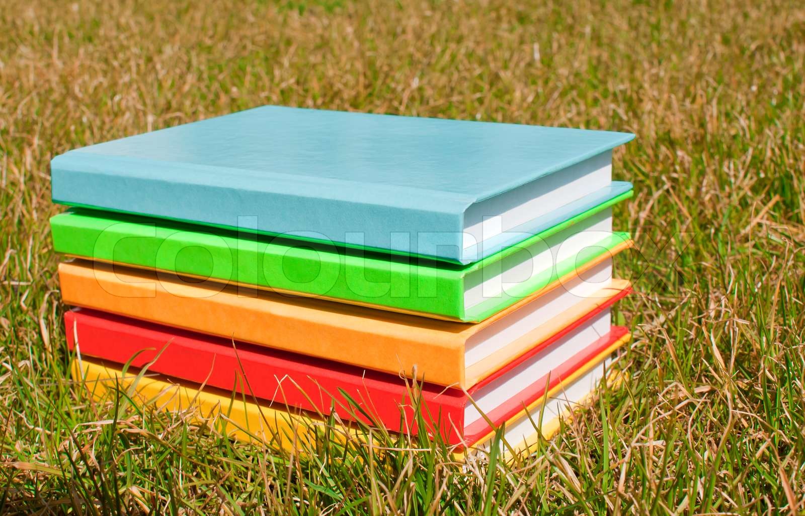 Stack of the books laying at the grass | Stock image | Colourbox