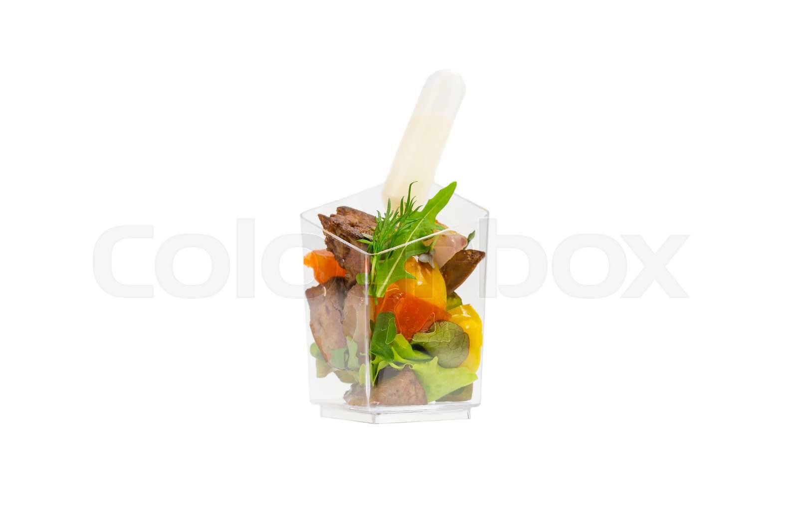 Mini Canape with meat and vegetables in plastic cups | Stock image ...