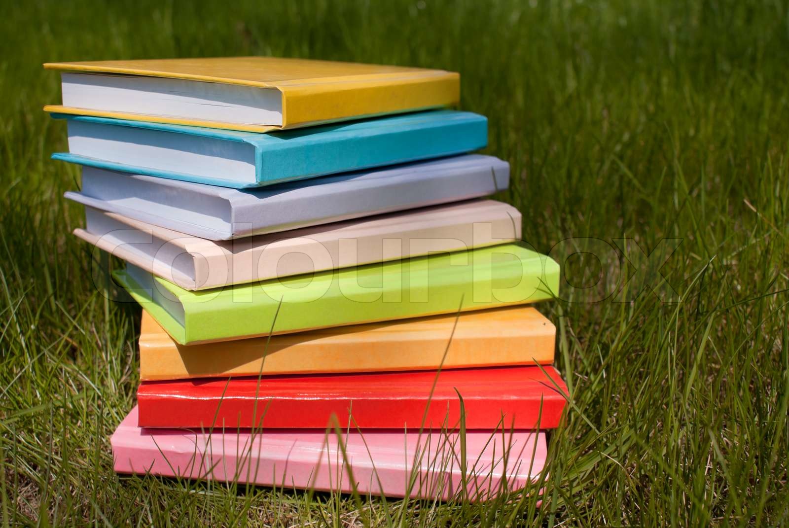 Stack of the books laying on the grass | Stock image | Colourbox