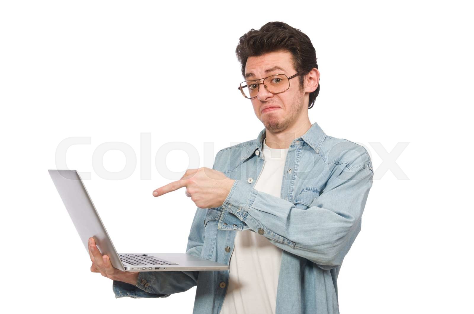 Young student with laptop isolated on white | Stock image | Colourbox