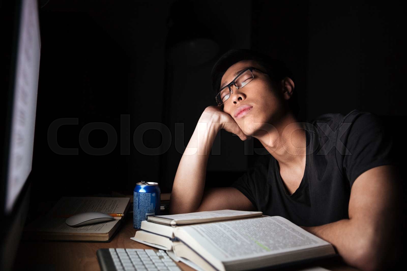 Tired exhausted man studying and sleeping in front of computer | Stock ...