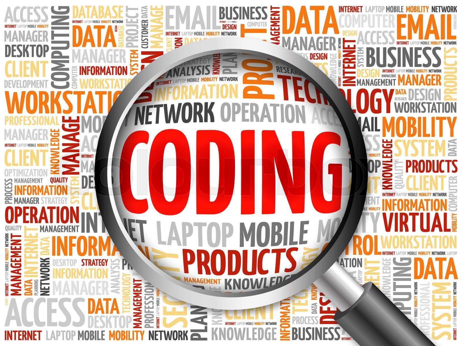 Coding word cloud with magnifying glass | Stock image | Colourbox