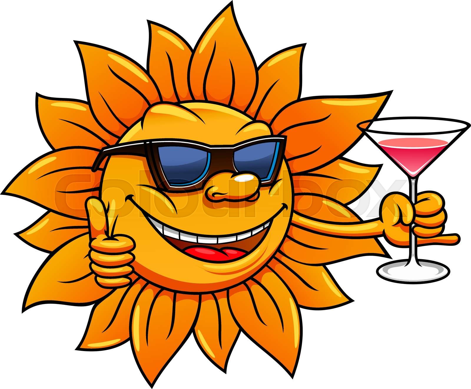 Cartoon sun in sunglasses drinking cocktail | Stock vector | Colourbox