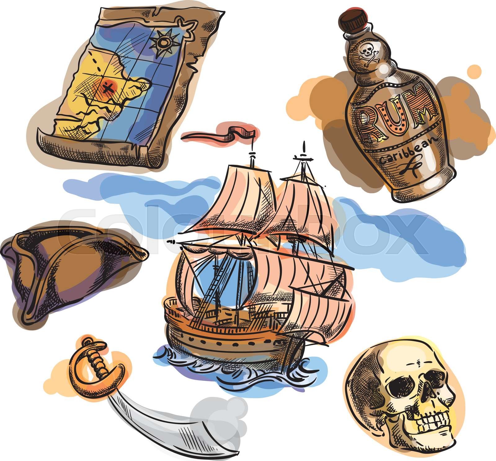 Freehand pirate set for your design. Hand drawn pirate elements made in ...